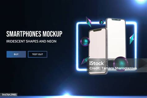 무지개 빛깔의 3d 모양과 네온 프레임이 있는 스마트폰 장치 모형 각도에 대한 스톡 벡터 아트 및 기타 이미지 각도 공란 그림자 Istock