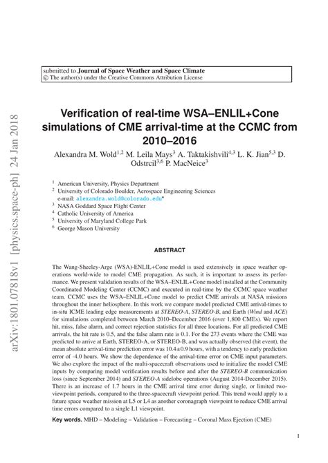 Pdf Verification Of Real Time Wsa Enlilcone Simulations Of Cme Arrival Time At The Ccmc From