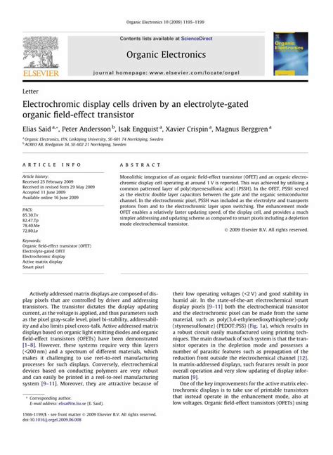 Pdf Electrochromic Display Cells Driven By An Electrolyte Gated Organic Field Effect