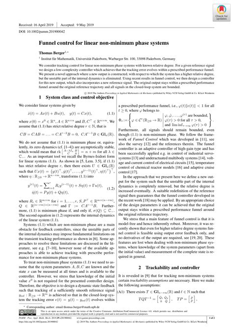 Pdf Funnel Control For Linear Non‐minimum Phase Systems