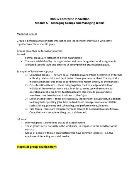 Module Lecture Notes Managing Groups And Managing Teams Enterprise Innovation