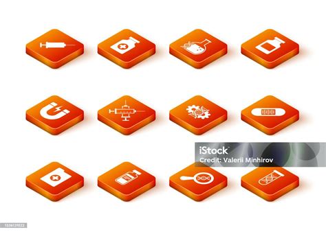 임상 기록 설정 의료 바이알 앰플 번개와 자석 교차 주사기 Dna 연구 검색 및 유전자 편집 아이콘 벡터 3차원 형태에 대한 스톡 벡터 아트 및 기타 이미지 Istock