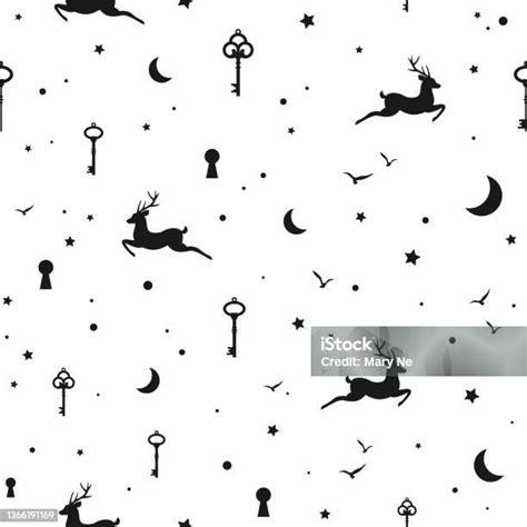 열쇠 사슴 달과 별과 원활한 빈티지 장식 흰색에 복고풍 패턴 신비 신비와 단서와 마법 구매에 대한 스톡 벡터 아트 및 기타