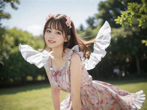 Adorable 14years Japanaese Girl Frilled Summer Dress Fluttering In