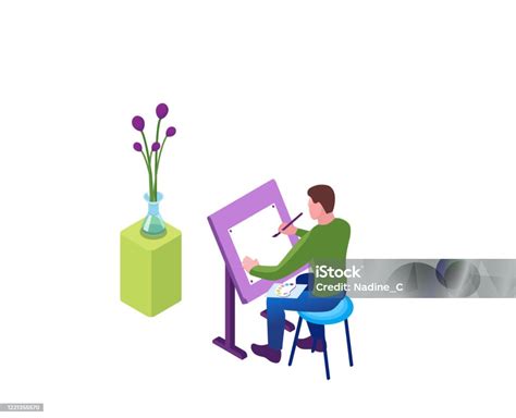 집에서 그림 남자는 격리 시간 동안 실내 활동과 창조적 인 취미의 이젤 3d 아이소 메트릭 벡터 그림에 정물 생활을 그립니다 3차원 형태에 대한 스톡 벡터 아트 및 기타
