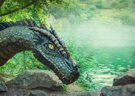 Fantasy Art Portrait Real Dragon Head Close Up Sharp Teeth Beautiful