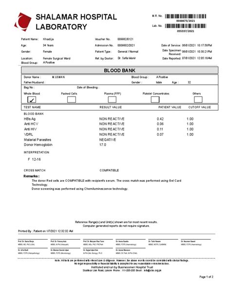 Shalamar Hospital Lab Test Report Pdf Blood Type Blood Plasma