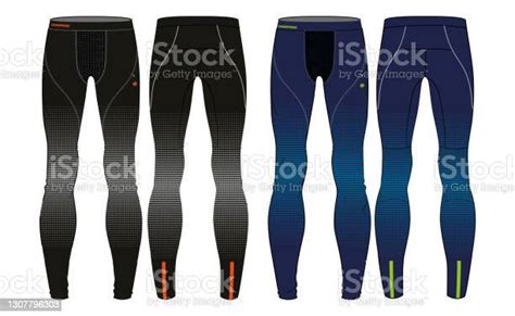 압축 스타킹 바지 디자인 벡터 템플릿 베이스 레이어 성능 하단 컨셉의 전면 및 후면 뷰로 달리기 조깅 피트니스 및 액티브 웨어 팬츠 디자인 근거리 초점에 대한 스톡 벡터