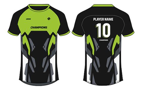 스포츠 저지 티셔츠 디자인 컨셉 벡터 템플릿 기하학적 패턴 라글란 라운드 넥 티 축구 저지 컨셉의 프론트 뷰 축구 배구 럭비 유니폼 그래픽 프린트에 대한 스톡 벡터 아트 및