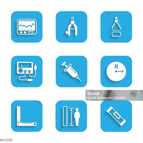 주사기 높이 본체 측정 건설 기포 수준 반경 모서리 눈금자 멀티 미터 전압계 드로잉 나침반 및 기기 아이콘을 설정합니다 벡터