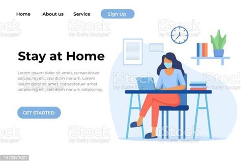 웹사이트와 모바일 웹사이트를 위한 Stay At Home의 독특한 현대적인 평면 디자인 개념 방문 페이지 템플릿 쉽게 편집하고