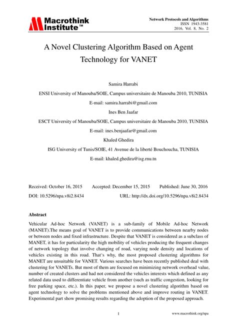 Pdf A Novel Clustering Algorithm Based On Agent Technology For Vanet