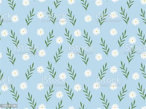 꽃과 매끄러운 봄 패턴 꽃 카모마일 파란색 배경에 고립 된 잎 포스터 포장지 직물 웹 파티 초대 벽지 결혼식에 대한 벡터 일러스트레이션 0명에 대한 스톡 벡터 아트 및 기타
