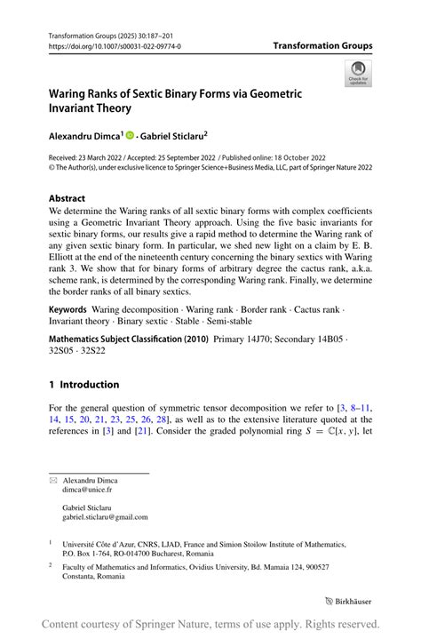 Waring Ranks Of Sextic Binary Forms Via Geometric Invariant Theory Request Pdf