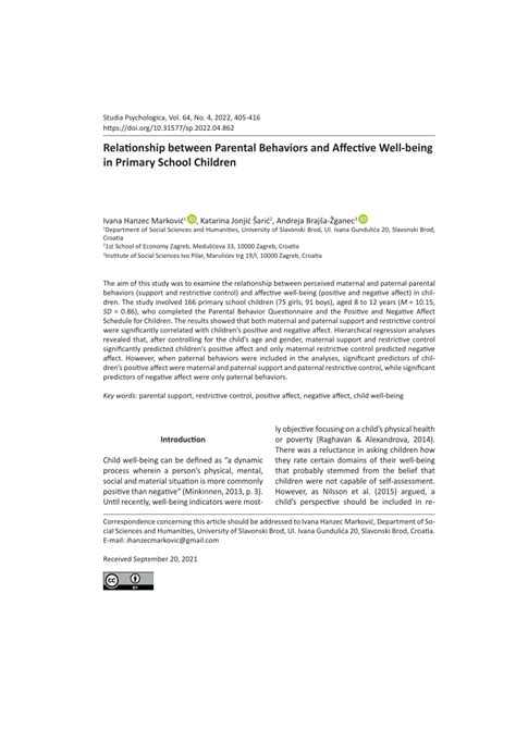 (PDF) Relationship between Parental Behaviors and Affective Well-being in Primary School Children