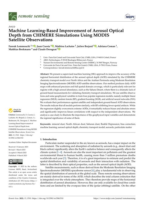 Pdf Machine Learning Based Improvement Of Aerosol Optical Depth From Chimere Simulations Using