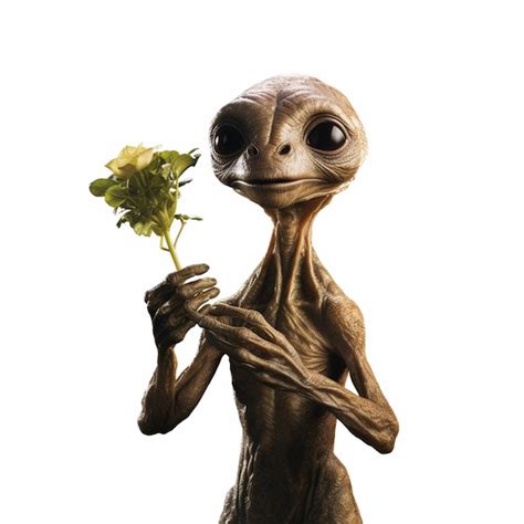 Premium Photo There Is A Statue Of An Alien Holding A Flower In His Hand Generative Ai