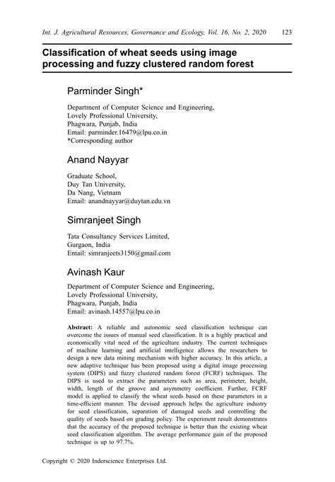 Pdf Classification Of Wheat Seeds Using Image Processing And Fuzzy