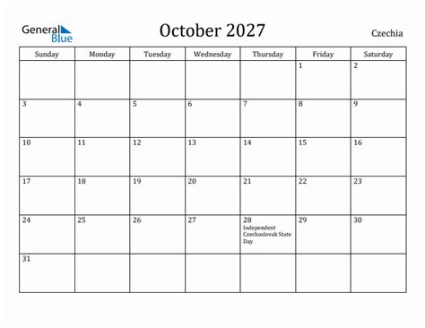 October 2027 Monthly Calendar With Czechia Holidays
