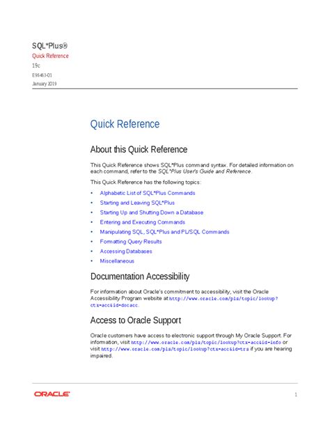 Sqlplus Quick Reference Guide 19c January 2019 Studocu
