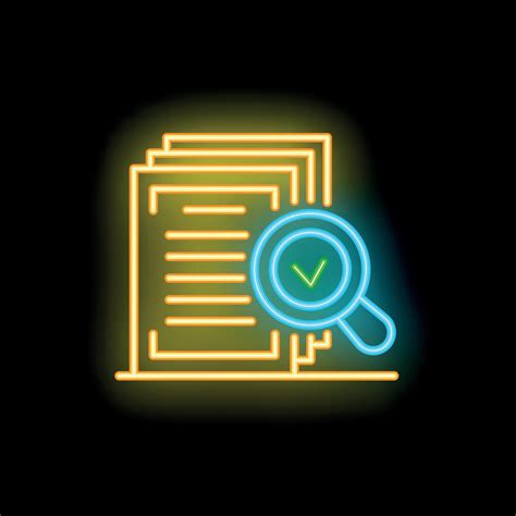 neon icon of magnifying glass verifying documents with check mark