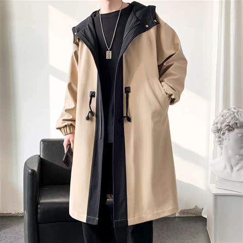 남성용 트렌치 코트 롱 재킷 힙합 남성 패션 바람막이 봄 가을 후드 오버코트트렌치 Aliexpress