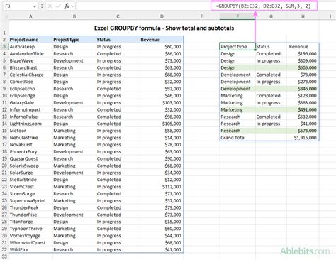 excel groupby function to group rows and aggregate values
