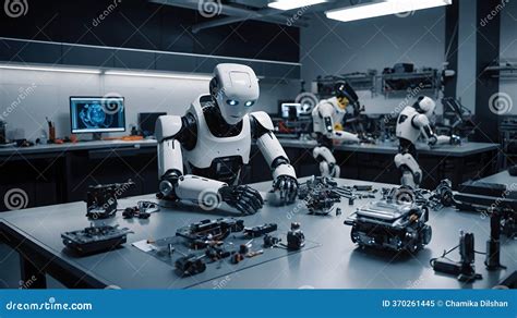 Engineers Assembling Humanoid Robot In High Tech Robotics Lab With 3d Printers And Machinery