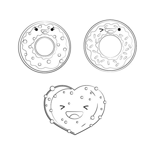 하트 모양의 도넛과 쿠키의 윤곽선 그리기 흑백 카와이 그림 프리미엄 벡터
