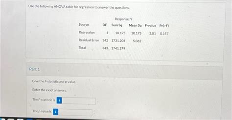 solved use the following anova table for regression to