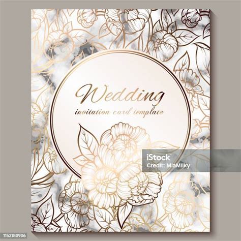 대리석 질감과 골드 반짝이 배경으로 럭셔리 하 고 우아한 결혼식 초대장 카드 모란 꽃으로 장식 된 현대 결혼식 초대장 0명에 대한 스톡 벡터 아트 및 기타 이미지 Istock