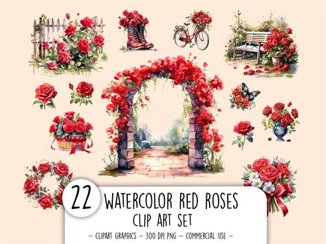Watercolor Red Roses Clipart Bundle Commercially Free Romantic Etsy