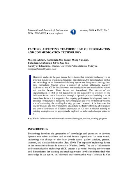 Pdf Factors Affecting Teachers Use Of Information And Communication Technology