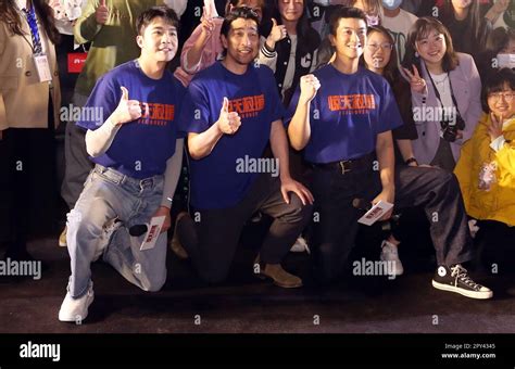 Shanghai China April 30 2023 Actors Wang Qianyuan Du Jiang And Yu Haoming Attend The Road