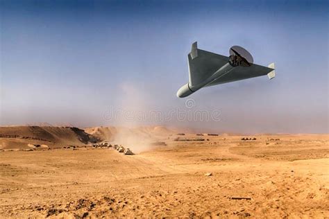 Iranian Military Drone Attacks A Convoy Of Military Equipment In The Sands In The Middle Of The