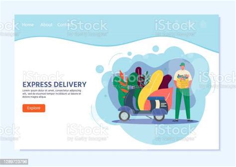 수취인에게 빠른 배달을 위해 준비 된 수작업으로 스쿠터를 들고 택배 온라인 배달 서비스 개념 우편 소포 팩 상자가있는 방문 페이지에 대한 벡터 그림 개념에 대한 스톡 벡터