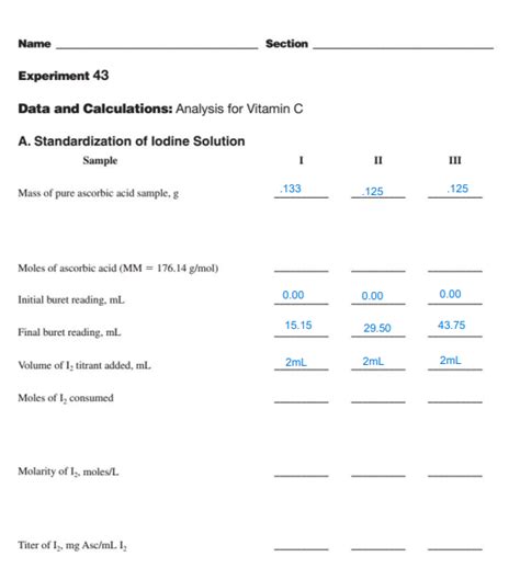name section experiment 43 data and calculations