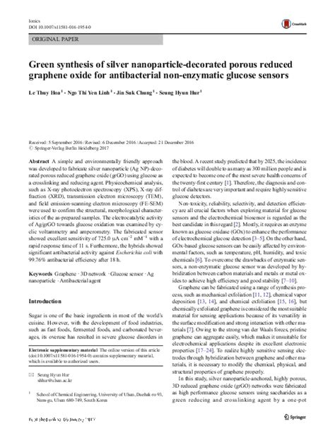 Pdf Green Synthesis Of Silver Nanoparticle Decorated Porous Reduced