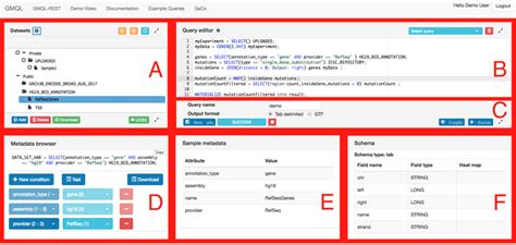 gmql web interface artificially divided into six panels representing