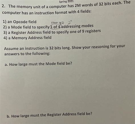 Solved Spring 2021 2 The Memory Unit Of A Computer Has 2m