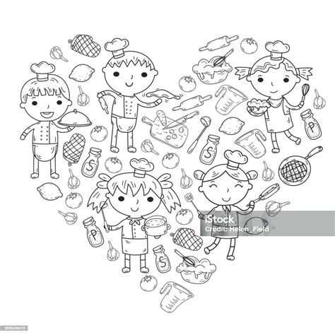 귀여운 아이 요리사 흰색 배경 어린이 요리 부엌 어린이 요리 수업 색칠 페이지 6 7 살에 대한 스톡 벡터 아트 및 기타 이미지