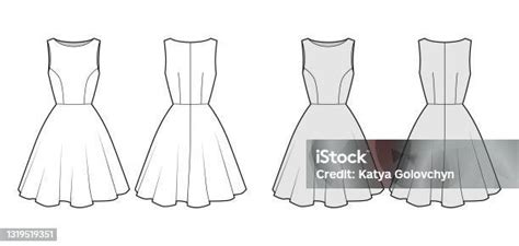 드레스 원형 기술 패션 일러스트와 민소매 오버사이즈 핏 바디 무릎 길이 스커트 플랫 의류 0명에 대한 스톡 벡터 아트 및 기타
