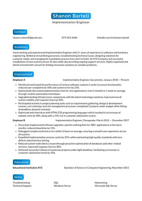 Implementation Engineer Resume CV Example And Writing Guide