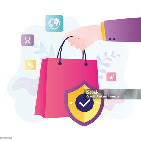 쇼핑백을 들고 있는 남성 손 소비자 권리 보호 방패가 있는 패키지 세계 소비자 권리의 날 개념 포스터 쇼핑 중독 쇼핑 중독