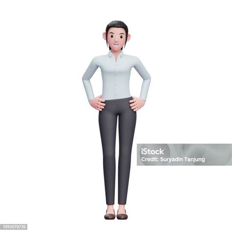 허리에 손을 얹은 행복한 비즈니스 여성 3d 렌더링 비즈니스 여성 캐릭터 일러스트 레이 션 3차원 형태에 대한 스톡 사진 및 기타 이미지 Istock