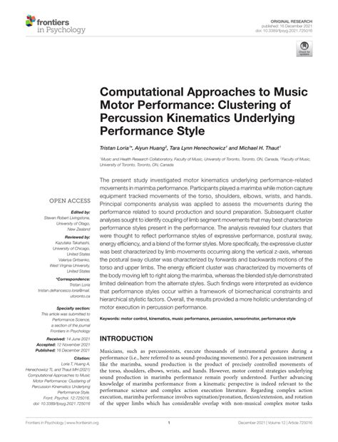 Pdf Computational Approaches To Music Motor Performance Clustering Of Percussion Kinematics