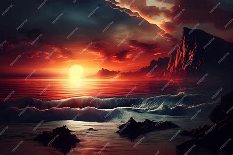 Premium Photo Silhouette Of A Sea Stack Against A Colorful Setting Sun Generative Ai