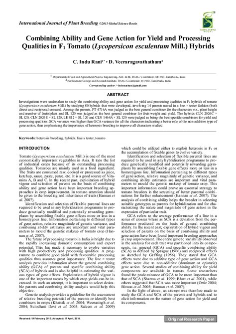 Combining Ability And Gene Action For Yield And Processing Qualities In F 1 Tomato Lycopersicon