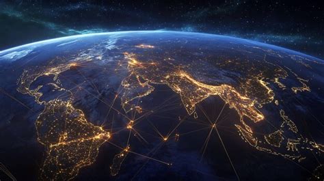 Earth At Night With Glowing Lines Connecting Continents Premium Ai Generated Image