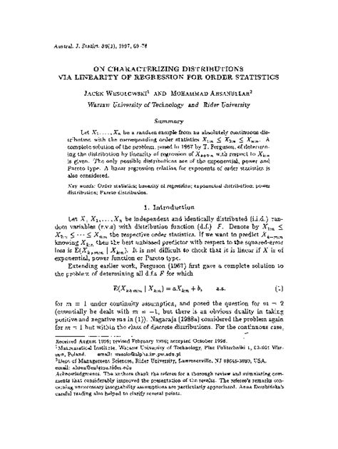 Pdf On Characterizing Distributions Via Linearity Of Regression For Order Statistics Jacek